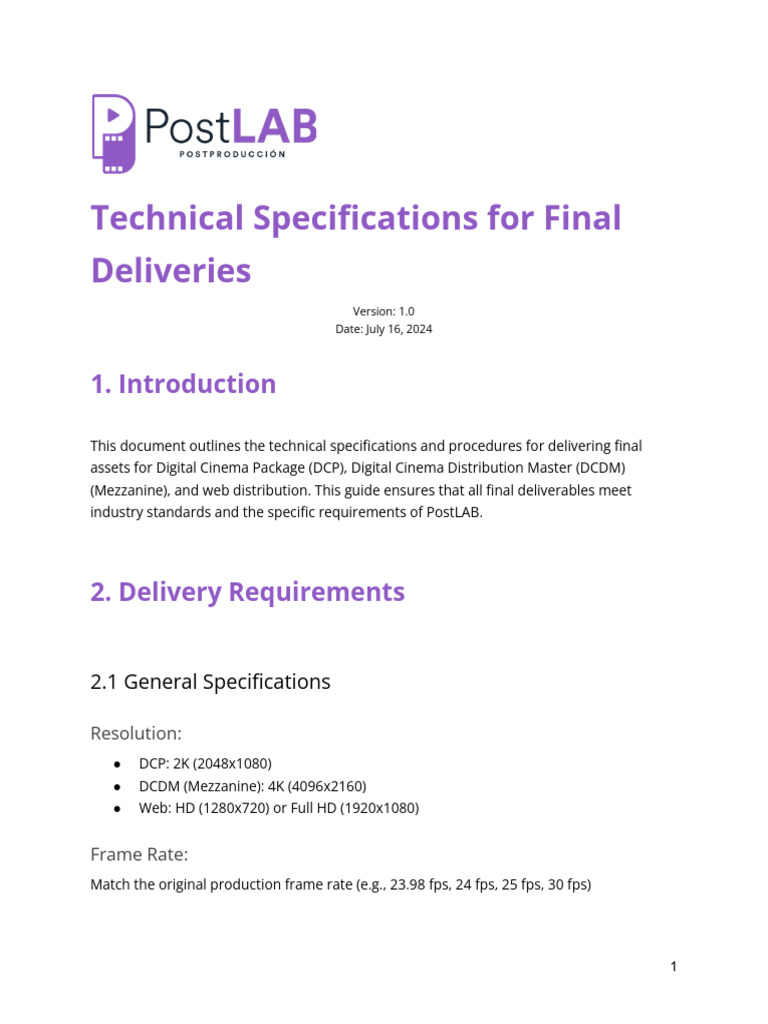 PostLAB - Technical Specifications For Final Deliveries-1 | PDF | Filmmaking | Film And Video ...