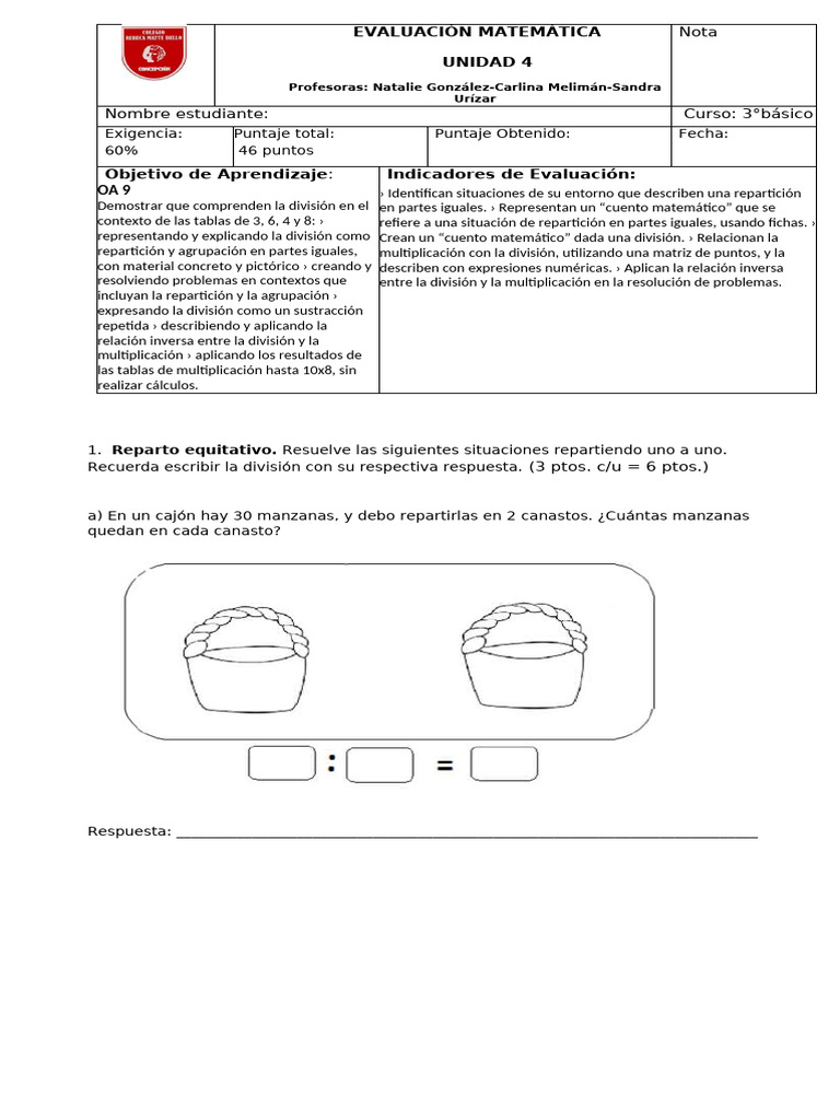 3°EVALUACIÓN MATEMÁTICA UNIDAD 4 Divisiones | PDF | División ...