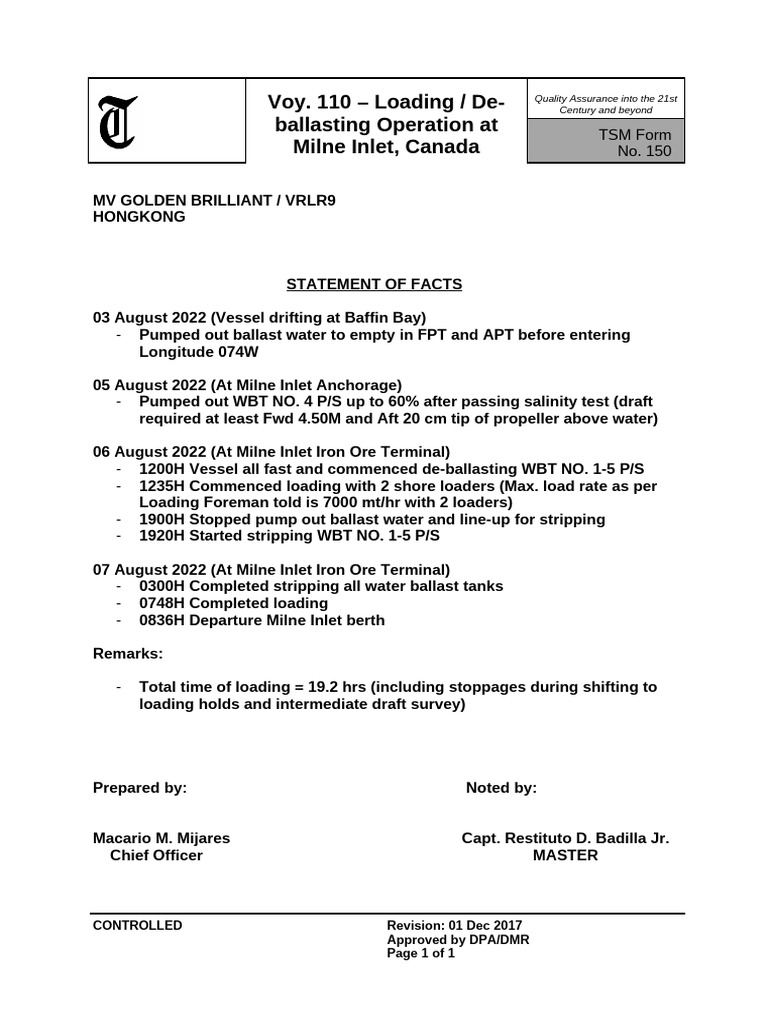 TSM Form 150 - STATEMENT OF FACTS Loading & De-ballasting at Milne | PDF TSM Form 150 - STATEMENT OF FACTS Loading & De-ballasting at Milne | PDF