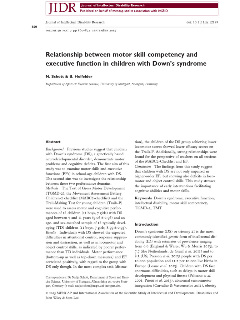 Relationship Between Motor Skill Competency and Executive Function in Children With Down's ...
