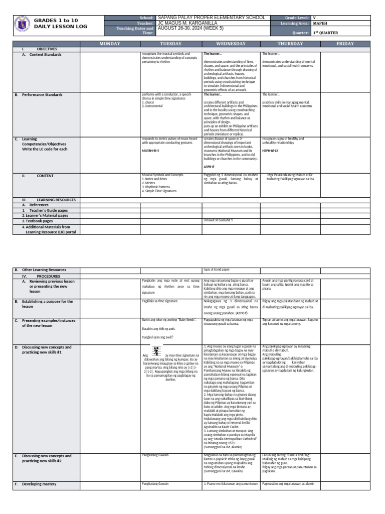 DLL - Mapeh 5 - Q1 - W4 | PDF