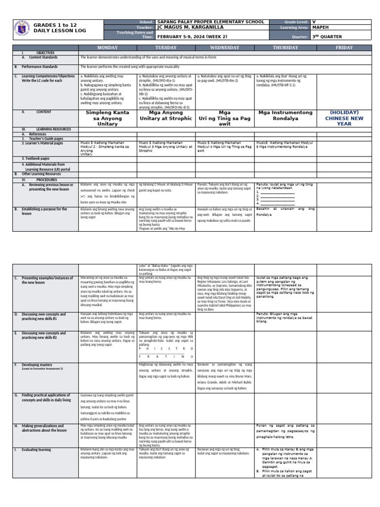 DLL - Mapeh 5 - Q3 - W3 | PDF