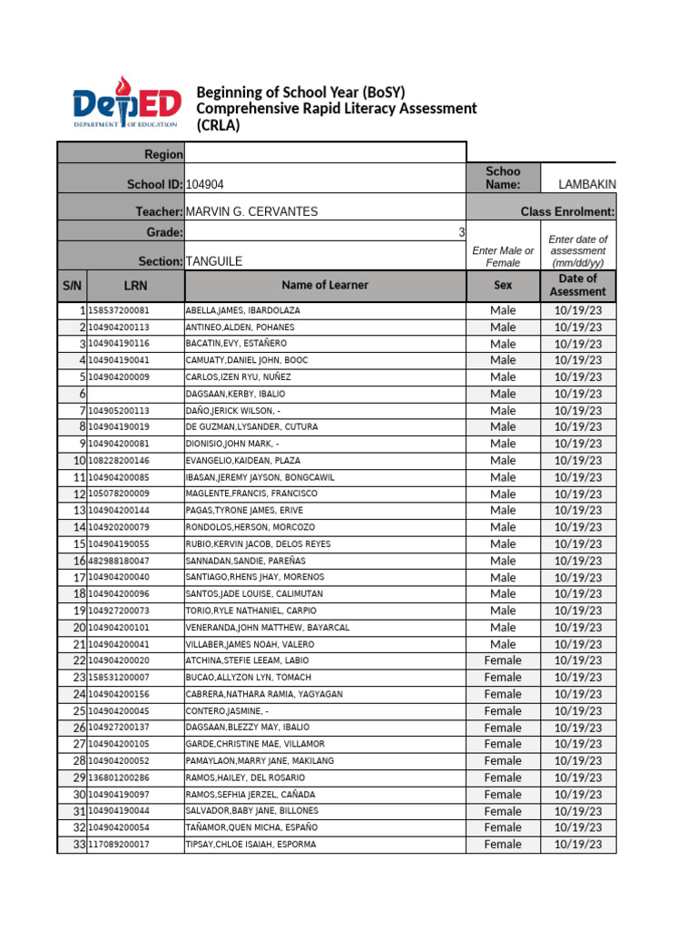 CRLA-GRADE-3 TANGUILE-SCORESHEET-final | PDF | Psycholinguistics ...
