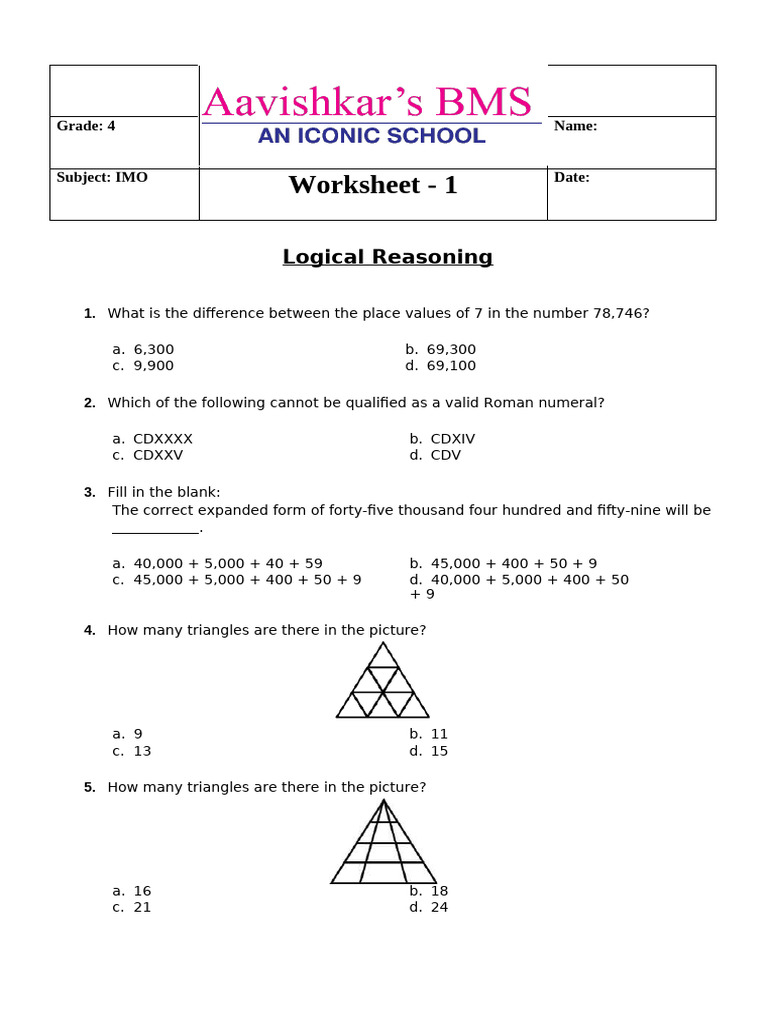 IMO Worksheet 1 Class 4 | PDF | Mathematics
