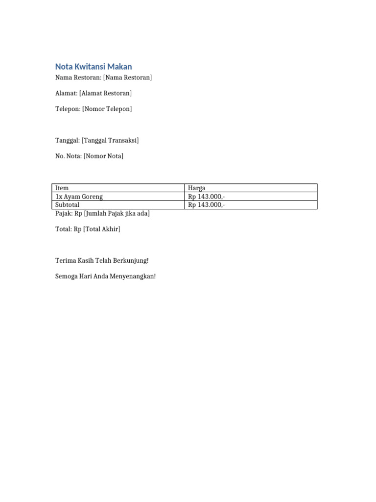 Nota Kwitansi Makan Restoran | PDF