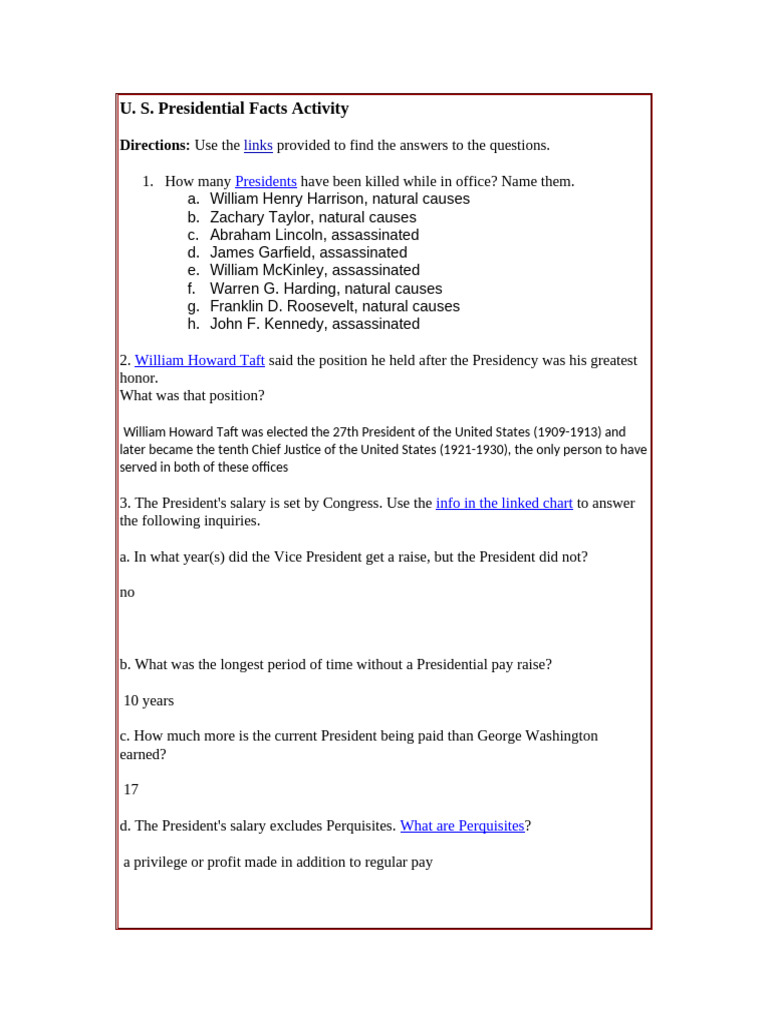 U. S. Presidential Facts Activity | PDF | Presidents Of The United ...