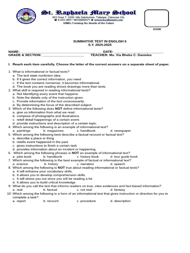 Summative Test in English 6 | PDF | Reading Comprehension | Cognitive ...