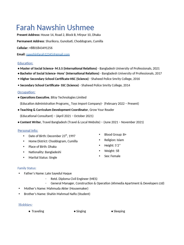 Farah Nawshin Ushmee - CV & Profile | PDF