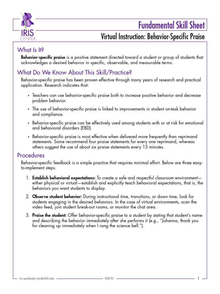 Fss Virtual Instruction Behavior Specific Praise | PDF | Behavior Modification | Psychology