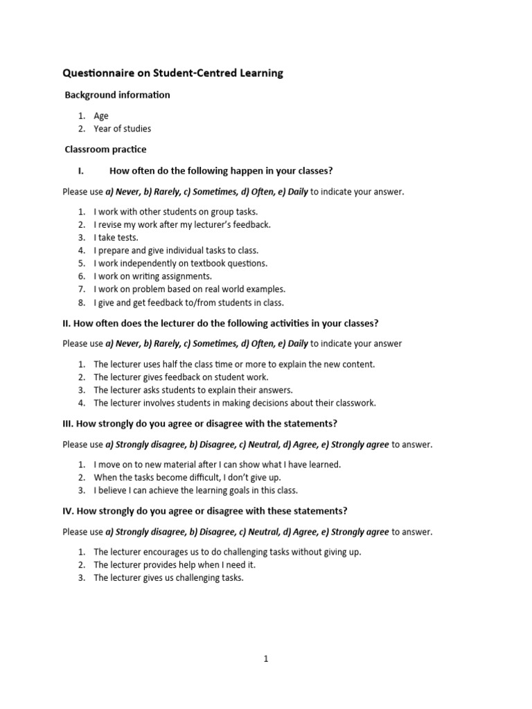 Questionnaire On Student Centred Learning | PDF | Behavior Modification | Human Communication