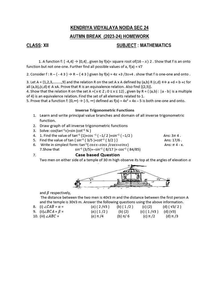 Class 12 Autumn Break Homework 2024. | PDF | Function (Mathematics ...