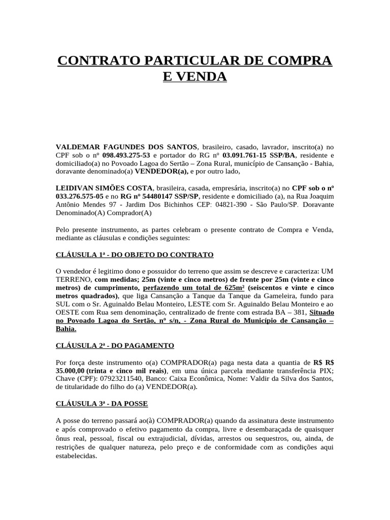 Instrumento Particular de Contrato de Compra e Venda de Terreno Rural ...