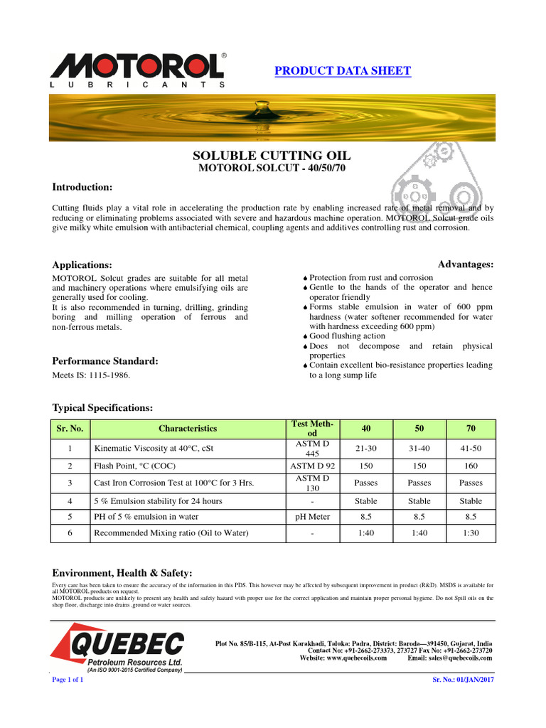 MOTOROL Solcut Cutting Oil Overview | PDF | Emulsion | Secondary Sector ...