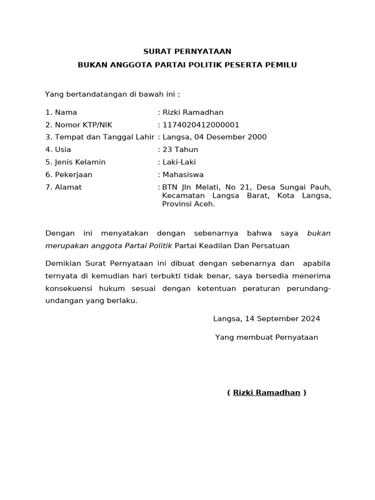 Surat Pernyataan Bukan Anggota Partai | PDF | Hukum