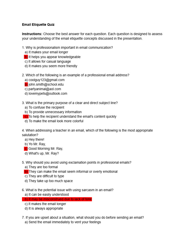 Email Etiquette - Quiz Student | PDF | Cognition | Communication