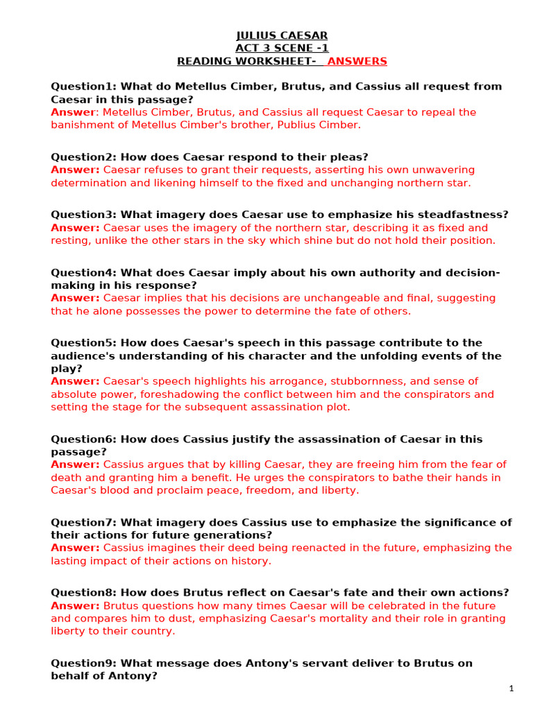 Act 3 Scene 1: Key Questions & Answers | PDF | Mark Antony | Julius Caesar