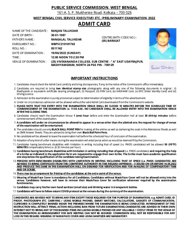 WB Civil Service Exam Admit Card 2022 | PDF