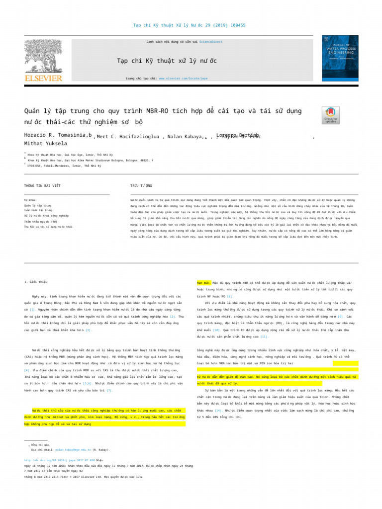 Tomasini Et El. (2019) - Concentrate Management For Integrated MBR-RO Process For Wastewater ...