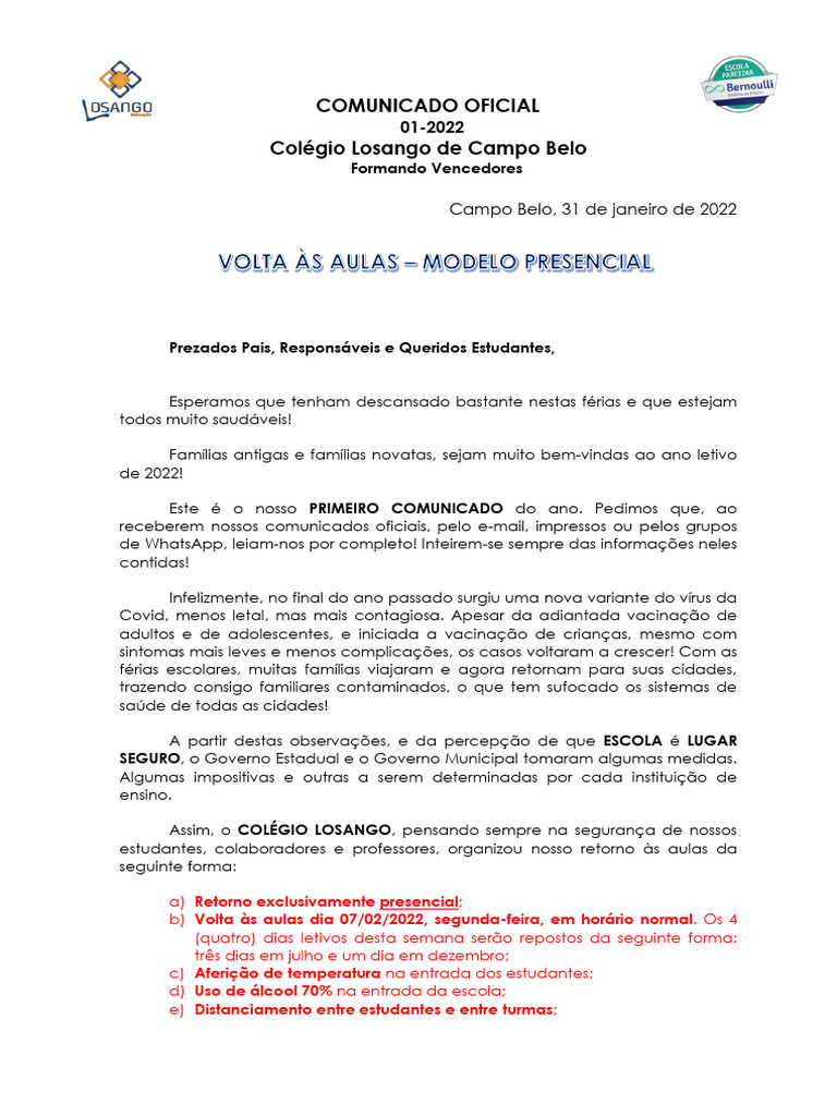 Comunicado Oficial 01-2022 Volta Às Aulas | PDF