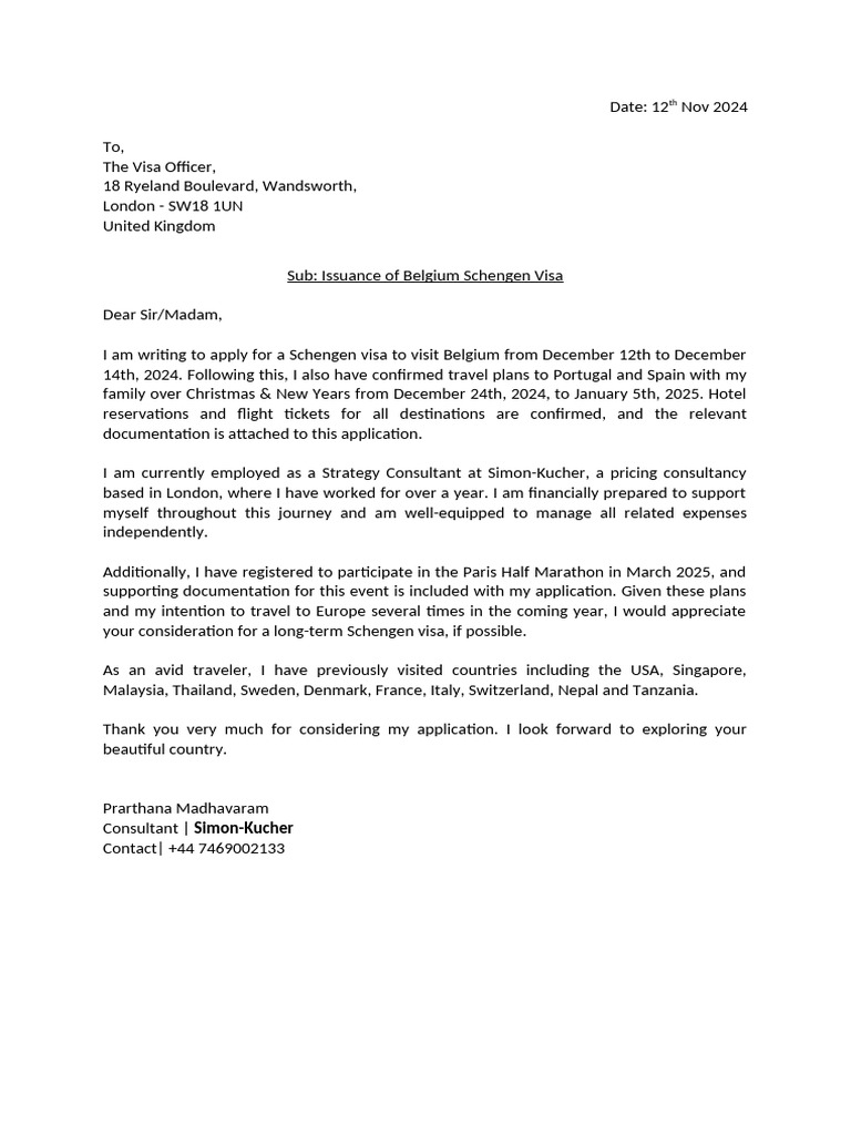 Belgium Schengen Visa Application Letter | PDF