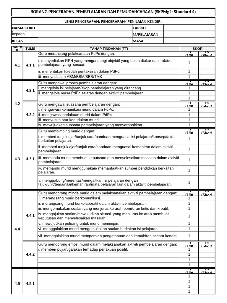 Borang Pencerapan Standard 4 PDPC | PDF
