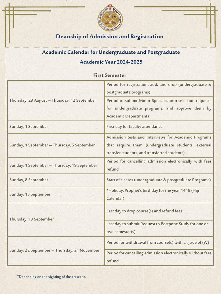2024-2025 Academic Year-UOB Academic Calendar Undergraduate ...