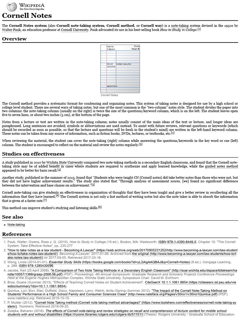 Cornell Notes - Wikipedia | PDF | Learning | Learning Methods