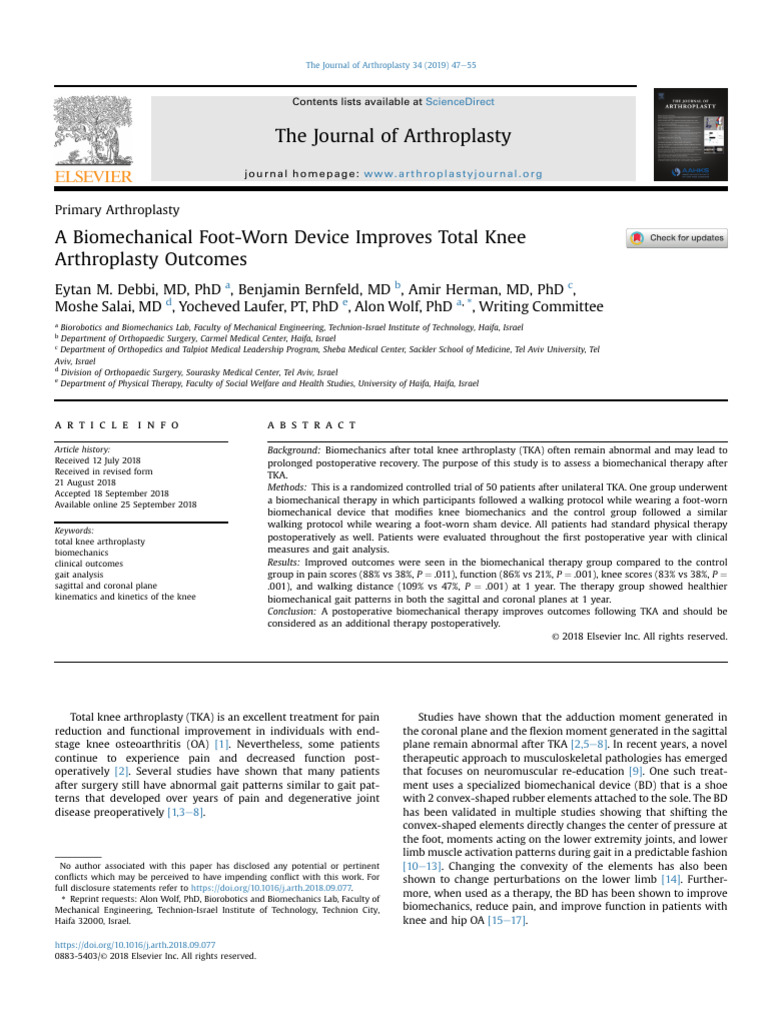 A Biomechanical Foot-Worn Device Improves Total Knee Arthroplasty ...