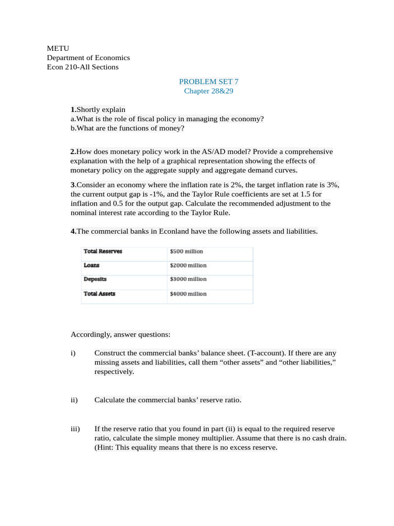 Problem Set 7 Chapter 28&29 | PDF | Money Supply | Central Banks