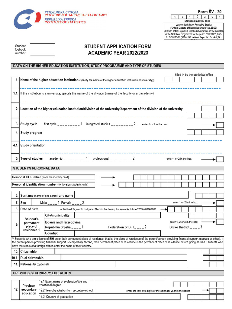 Student Application Form 2022/2023 | PDF | Bosnia And Herzegovina