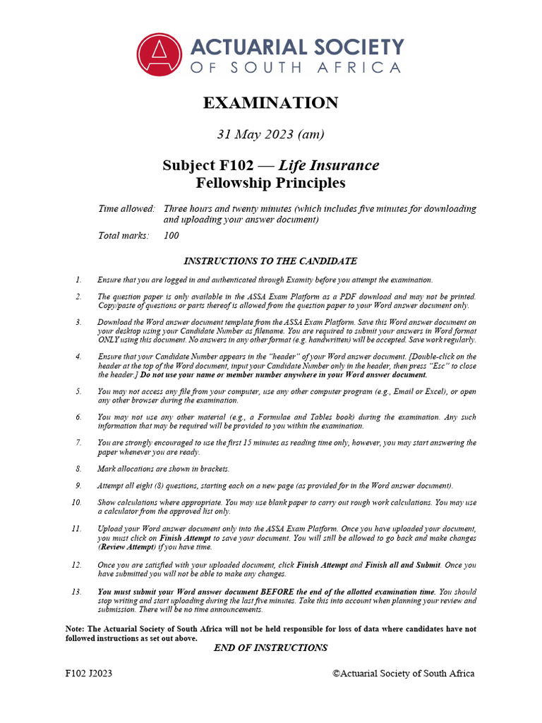 F102 Life Insurance Exam Instructions | PDF | Insurance | Financial ...