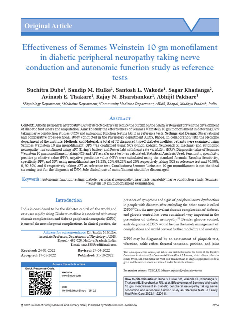 Effectiveness of Semmes Weinstein 10 GM Monofilame | PDF | Peripheral Neuropathy | Sensitivity ...