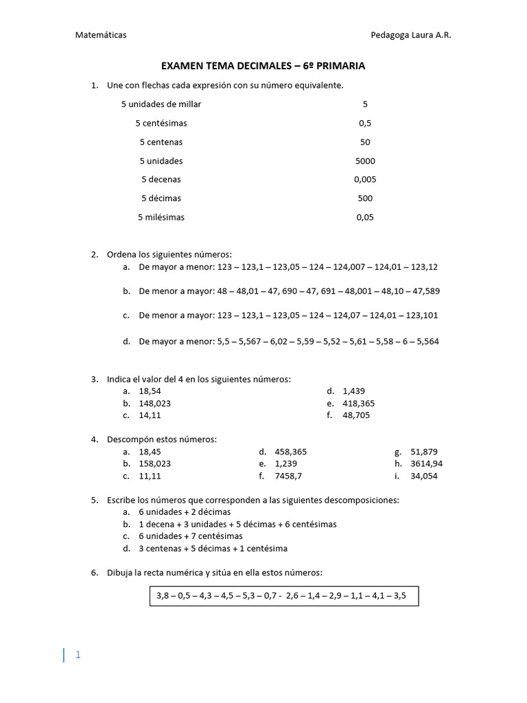 Examen Decimales - 6 Primaria | PDF
