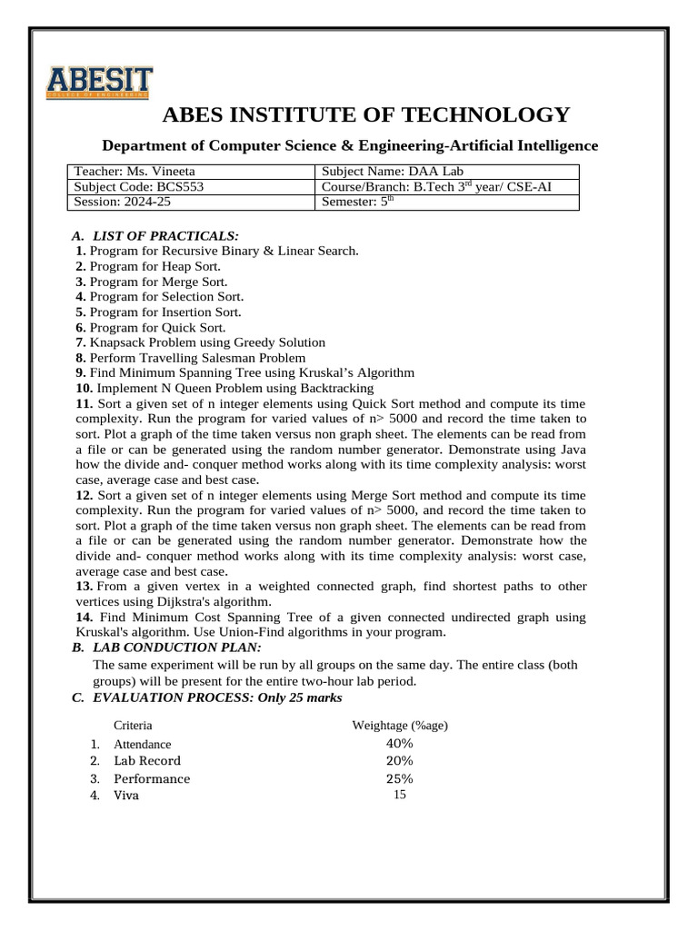 Daa Lab (BCS-553) | PDF