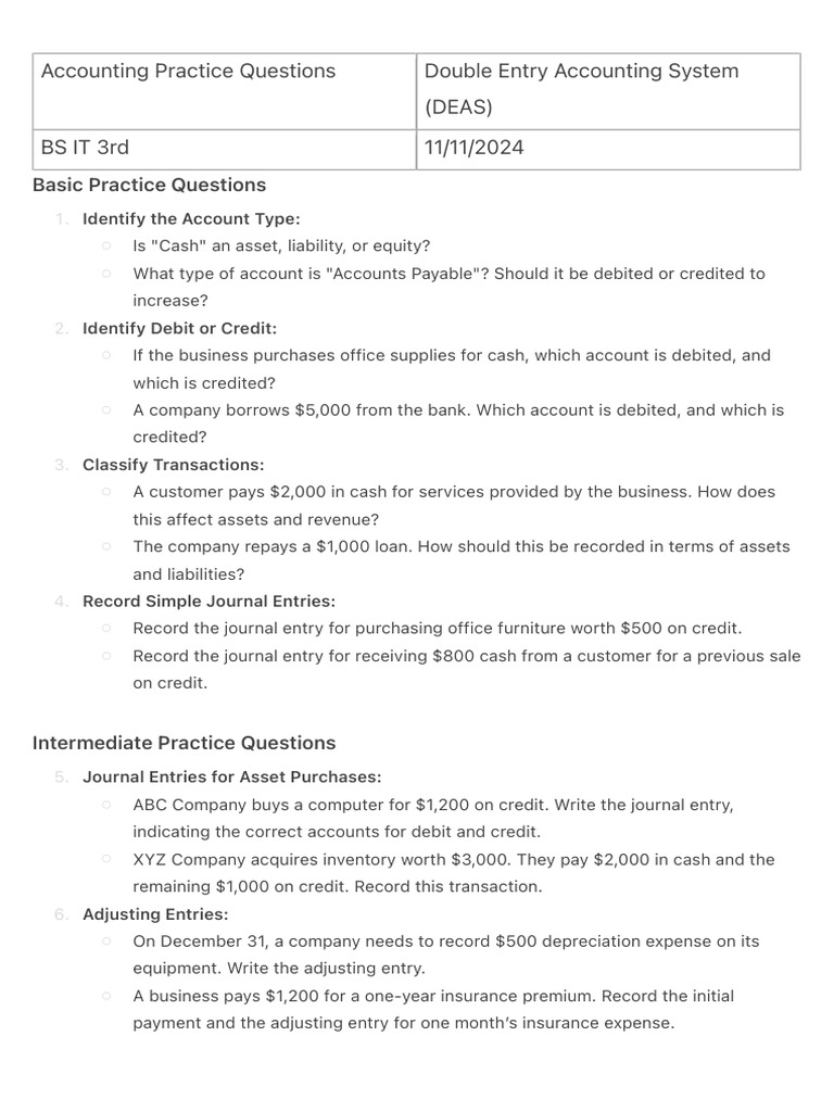 Accounting Practice Questions | PDF | Debits And Credits | Financial ...