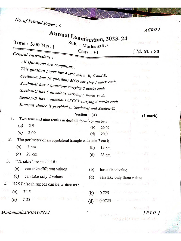 Class 6 Math Agra Region | PDF