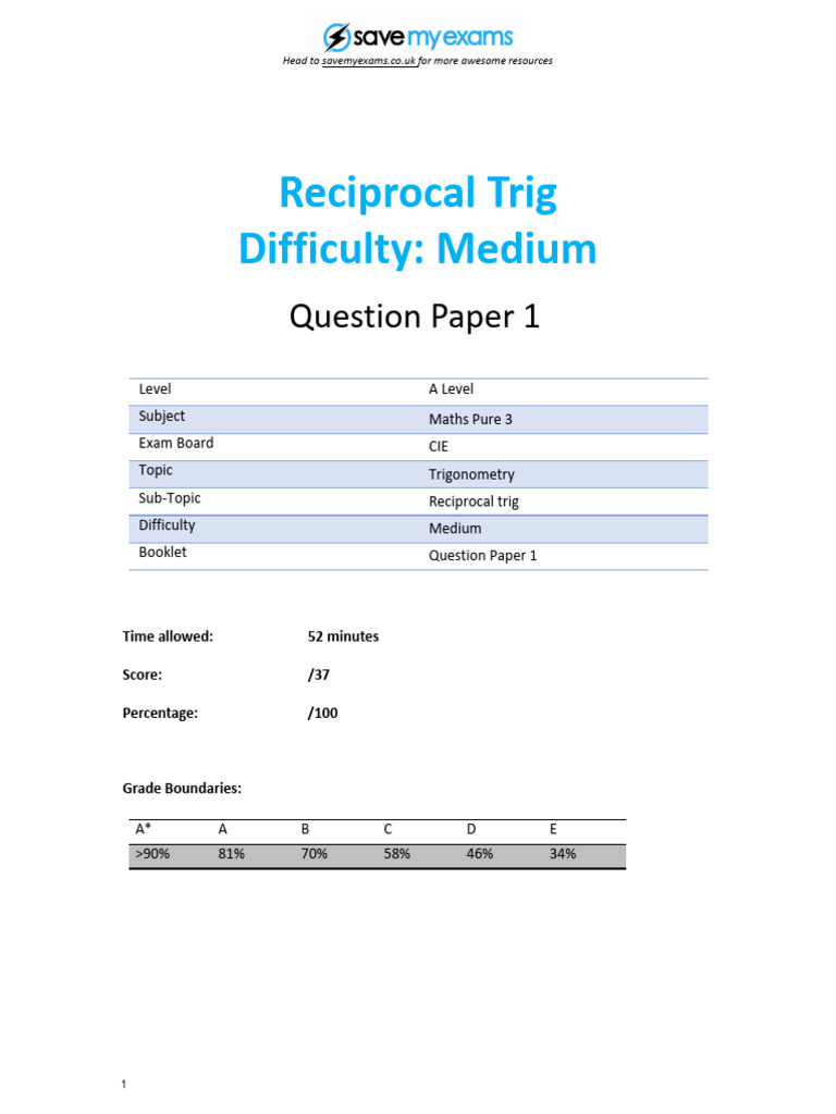 A3.7 Reciprocal Trig Topic Booklet 1 Medium CIE A Level Maths P3 - 2 ...