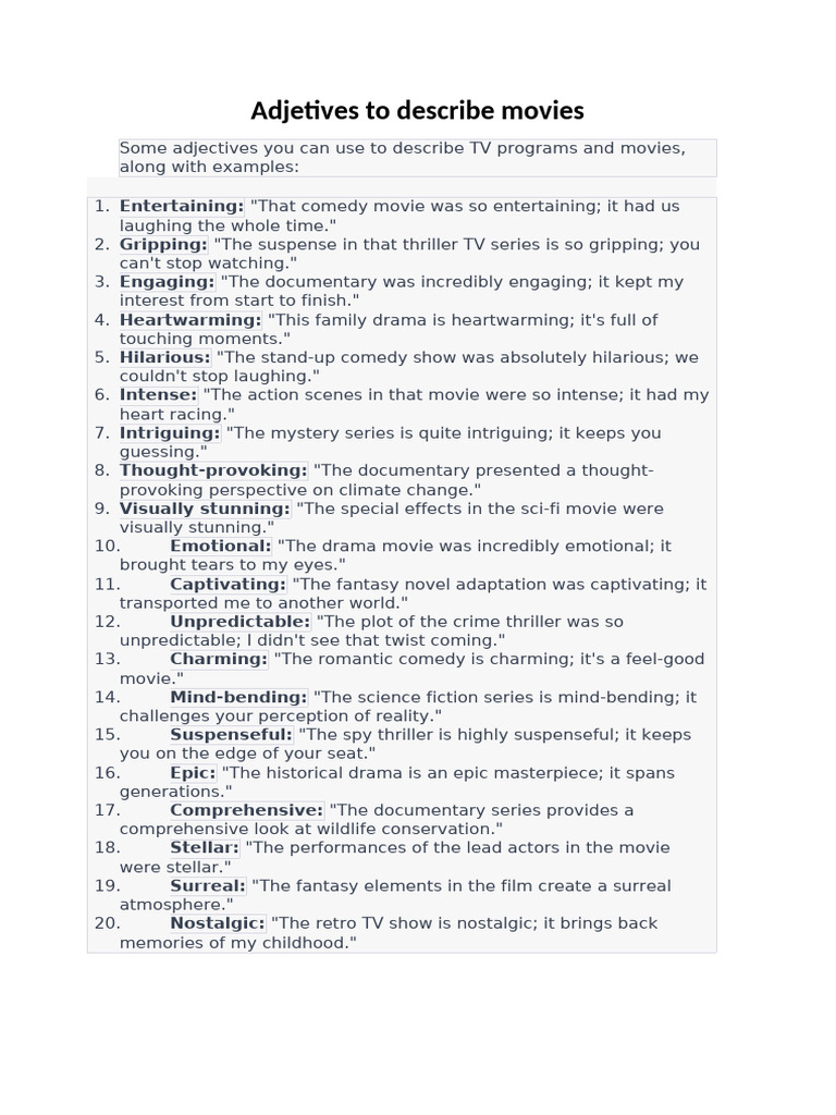Adjetives To Describe Movies | PDF | Thriller (Genre)