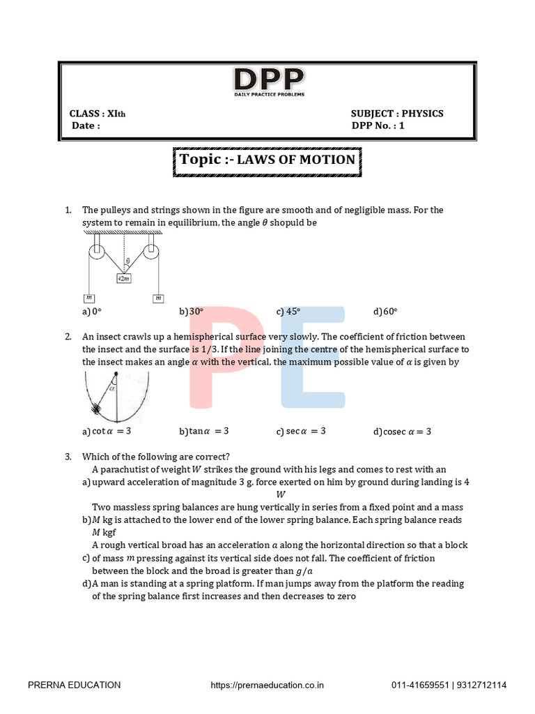Force and Laws of Motion DPP 1 Min | PDF | Force | Friction