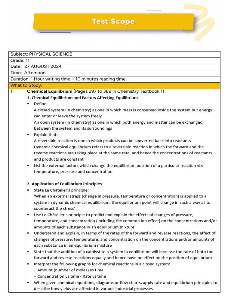 GR 11 TEST SCOPE TASK002b | PDF | Chemical Equilibrium | Stoichiometry