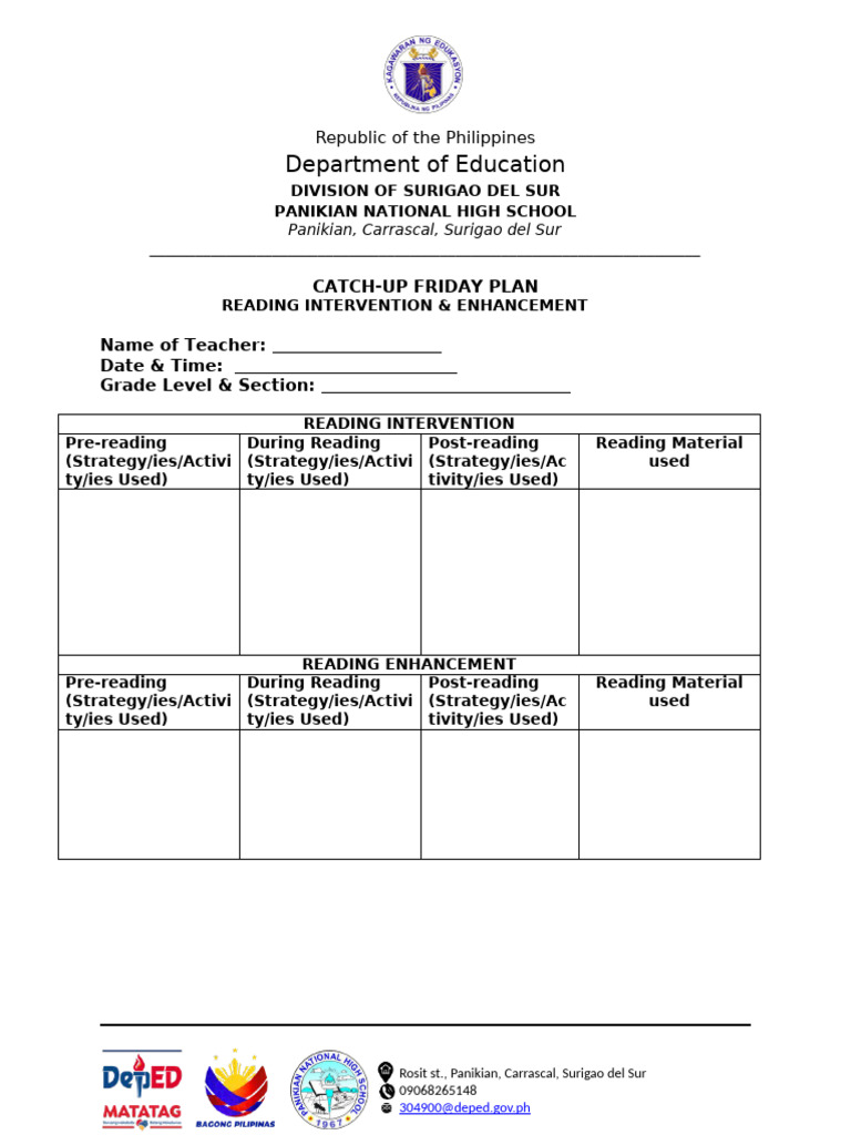 Catch Up Plan Template For Teachers | PDF | Behavior Modification