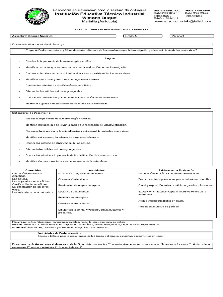 GUÍA DE CIENCIAS PRIMER PERIODO Iti Modelo | PDF | Biología Celular ...
