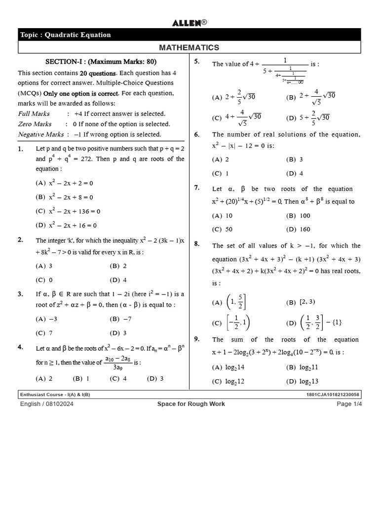 SECTION-I: (Maximum Marks: 80) : Mathematics | PDF | Zero Of A Function ...