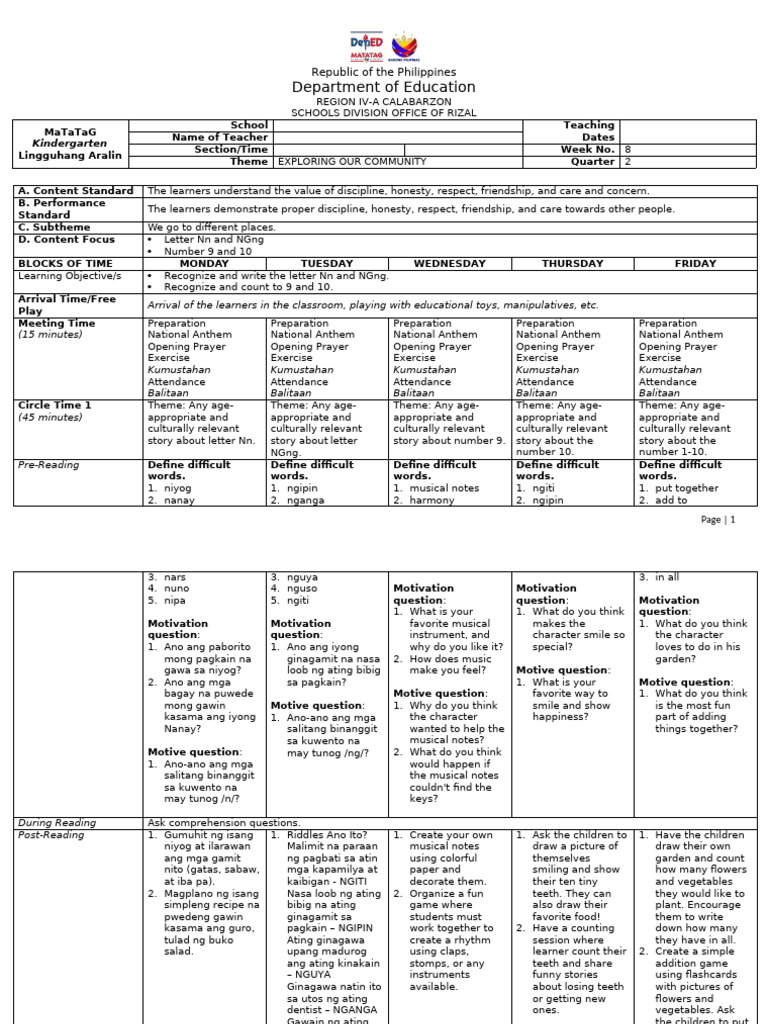 Kindergarten Lesson Plan: Week 8 | PDF | Teachers | Learning