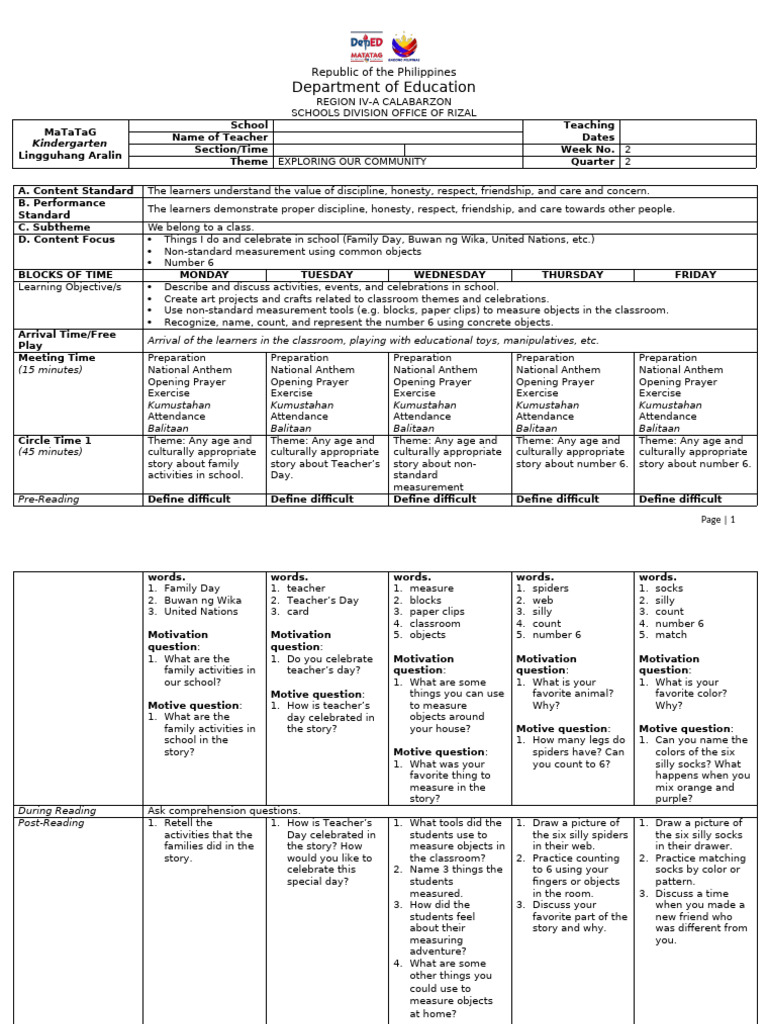 Kindergarten Week 2 Lesson Plan | PDF | Language Arts & Discipline ...