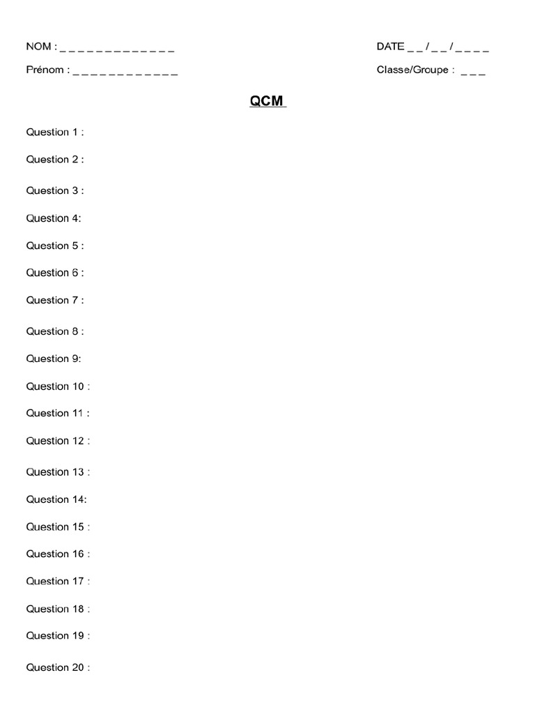 Fiche Réponse QCM À 20 Questions | PDF