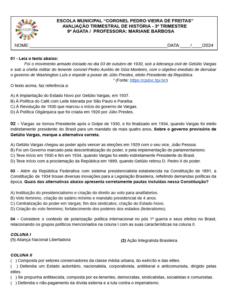 Prova 9ºano Trimestral | PDF | Brasil | Ciência Política