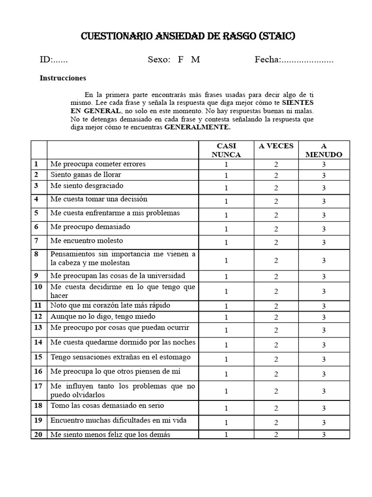 Cuestionario de Ansiedad Estado - Rasgo STAIC | PDF