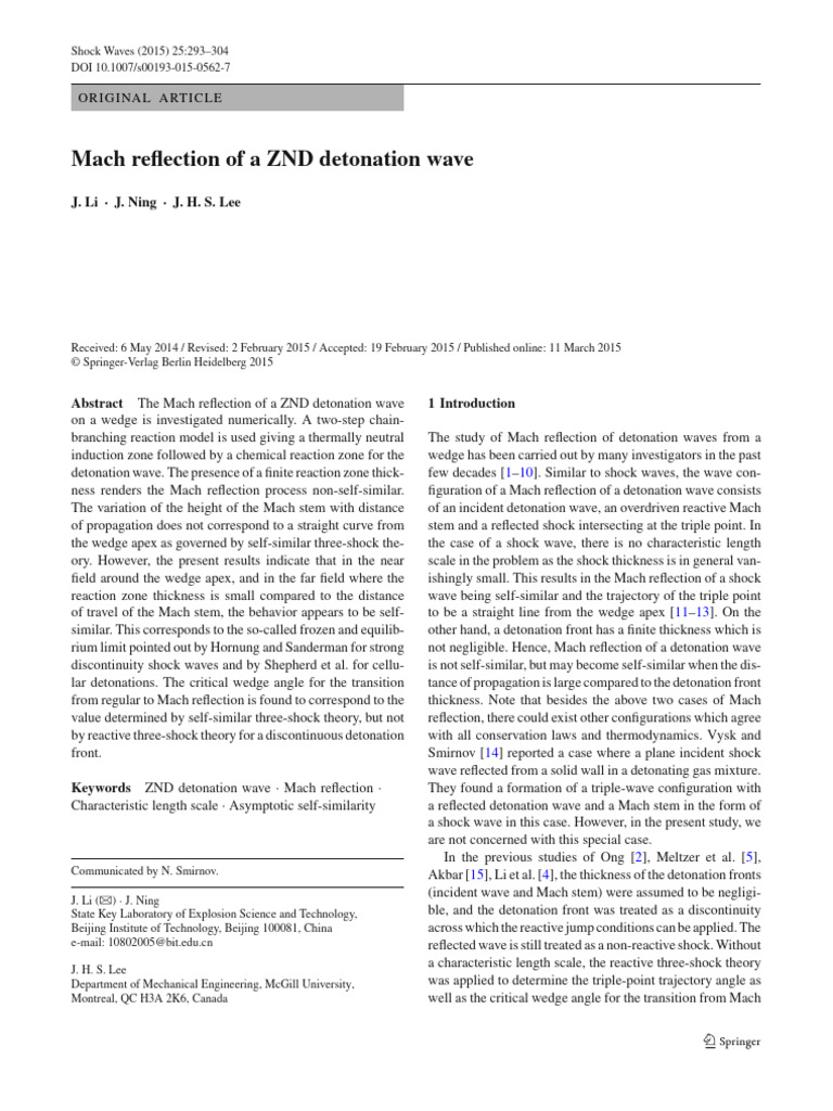 Li2015 - Mach Reflection of A ZND Detonation Wave | PDF | Waves | Mach Number