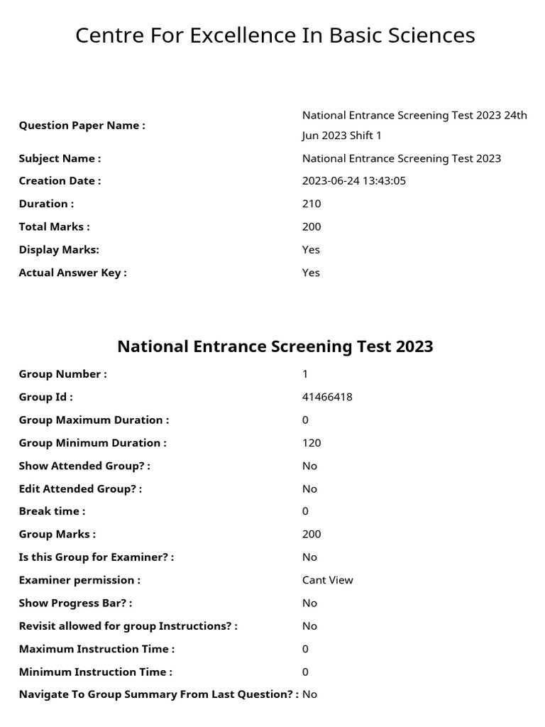 National Entrance Screening Test 2023 | PDF | Multiple Choice | Science